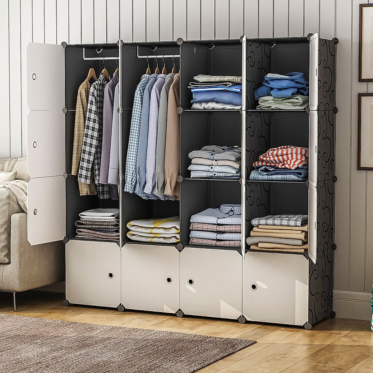 MAGINELS Portable Wardrobe Closets - 14"x18" Depth (16 Cubes) Cube Storage, Bedroom Armoire, Wardrobe Storage Closet, Clothes Dresser, Closet Storage Organizer, Black