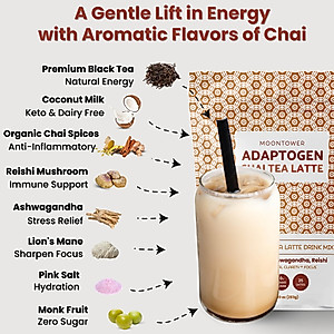 Mushroom Chai Tea Latte Mix by Moontower – Superfood Adaptogenic Mushroom Drink Powder with Ashwagandha, Lions Mane, Reishi, Organic Spices, & Black Tea, Coffee Alternative, Keto, Dairy Free, 10 oz