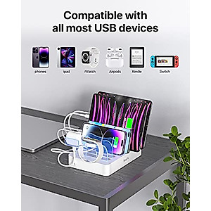 SooPii Premium 6-Port USB Charging Station Organizer for Multiple Devices, 6 Short Charging Cables and One Upgraded i-Watch Charger Holder Included, for Phones, Tablets, and Other Electronics, White