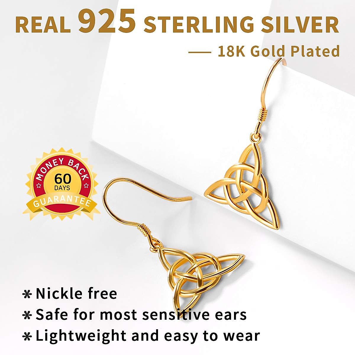 ChicSilver Celtic Earrings Gold 925 Sterling Silver Drop Earrings Trinity Knot Hypoallergenic Earrings for Women