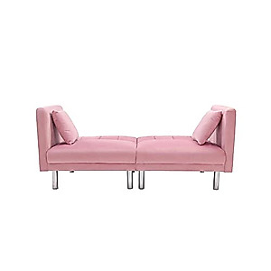 Cotoala Catalina Convertible Futon Sofa Bed, Modern Velvet Tufted Upholstered Loveseat Folding Couch with 2 Pillows and Metal Legs, Adjustable Backrest and Detachable Armrests, Pink