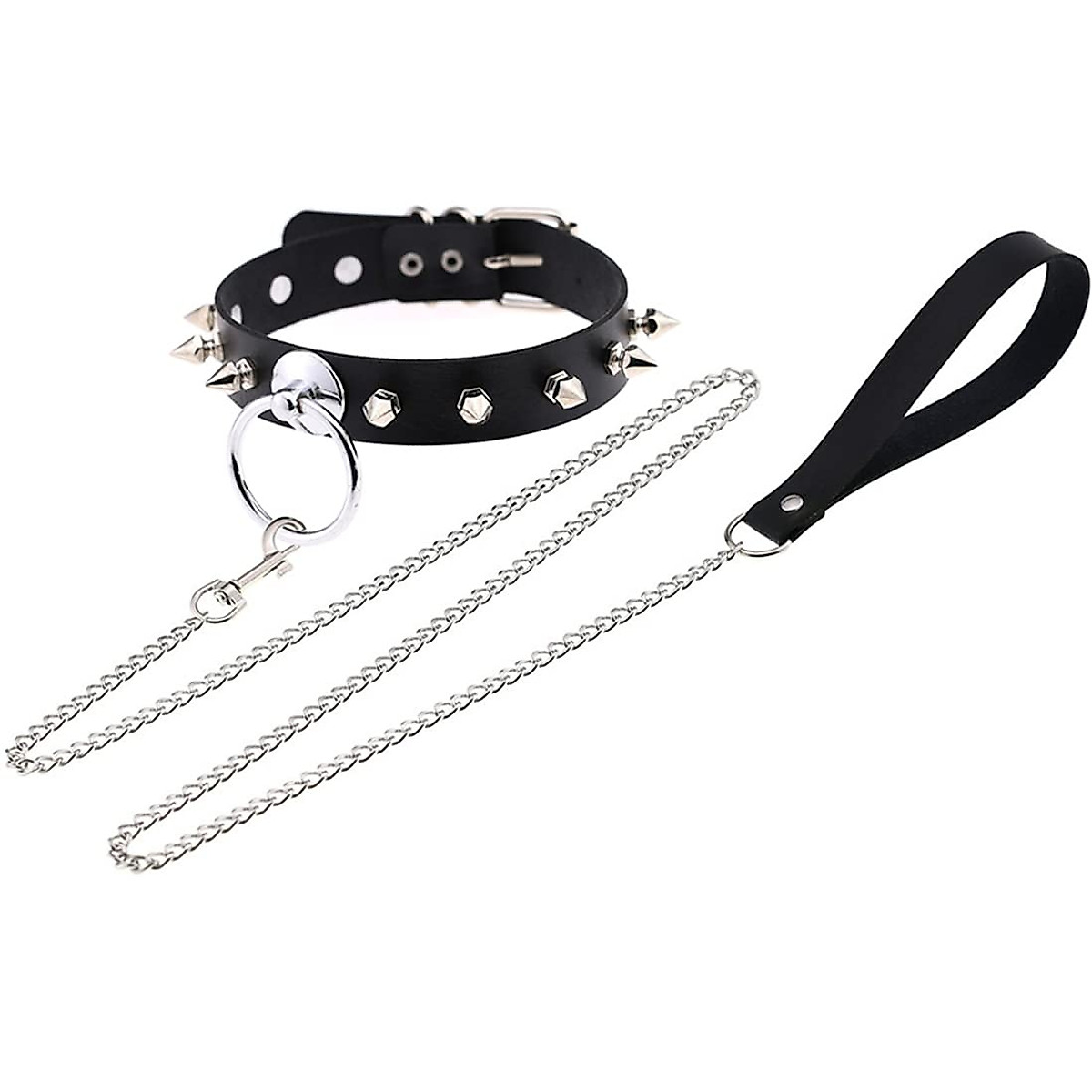 DAMSIL Punk Rivets Choker PU Leather Hauling Chain Collar Metal Ring Gothic Necklace NightClub Neck Accessories Adjustable Buckle (Black)