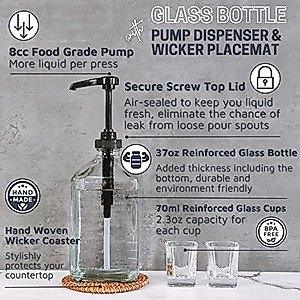 eBun® 37oz Mouthwash Pump Dispenser Black - Bathroom Hand Soap Dispenser Set Glass, Dish Soap Dispenser for Kitchen Sink, Bathroom Essential, Holder Decanter with Cup, Kids Mouthwash Pump Bottle