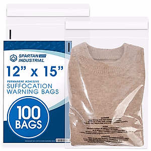 Spartan Industrial - 12” X 15” (100 Count) Self Seal Clear Poly Bags with Suffocation Warning for Packaging, T Shirts & FBA - Permanent Adhesive