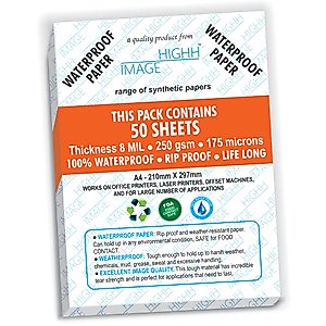 Waterproof Paper | 50 Sheets, Thickness 8 MIL 150 LB, Non-Tear Paper, 8.5X11 from HIGHH IMAGE | Print With Laseer Printers | Office Printers