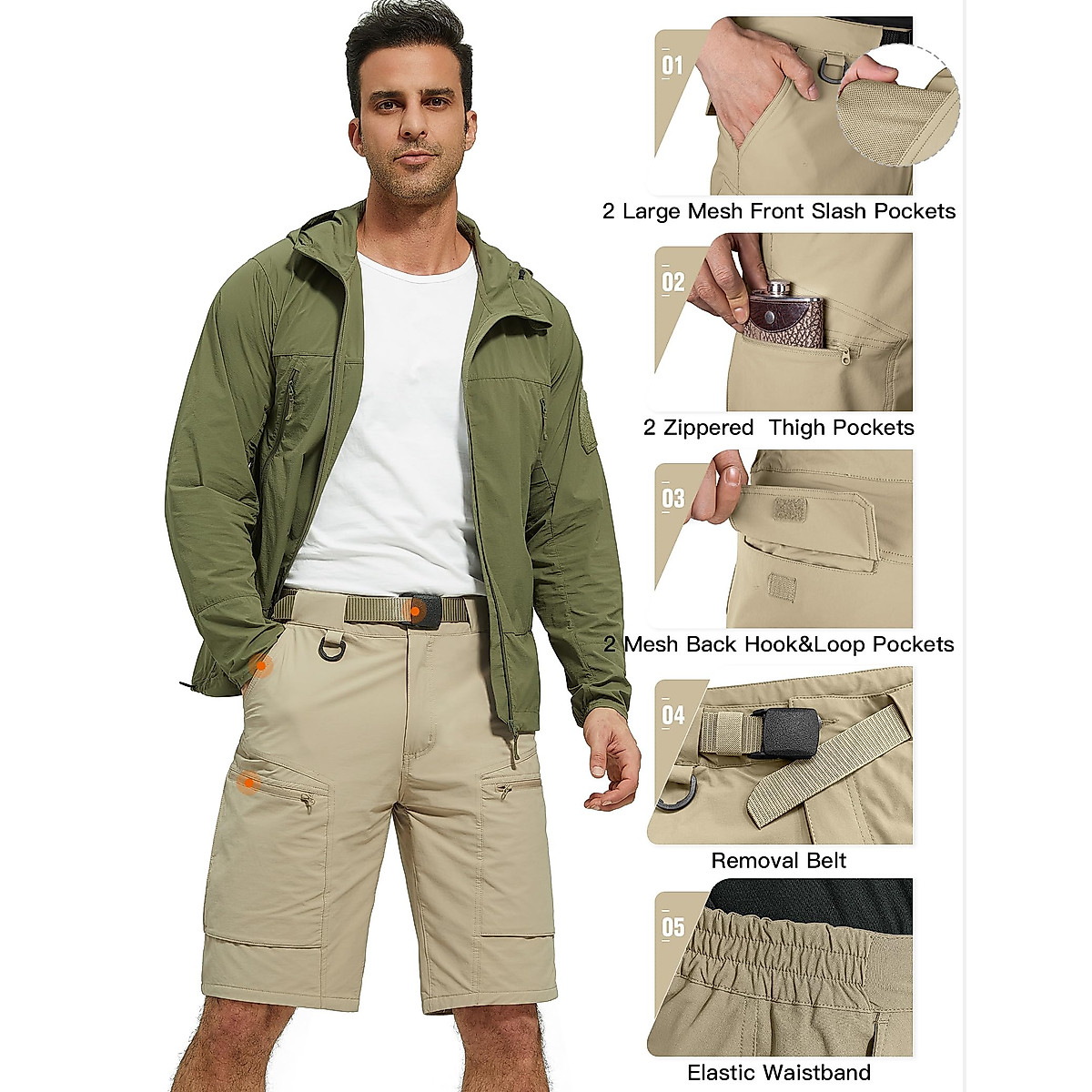 FREE SOLDIER Men's Cargo Hiking Shorts with Belt Lightweight Breathable Quick Dry Tactical Shorts with 6 Pockets for Casual Work Golf Camping Khaki