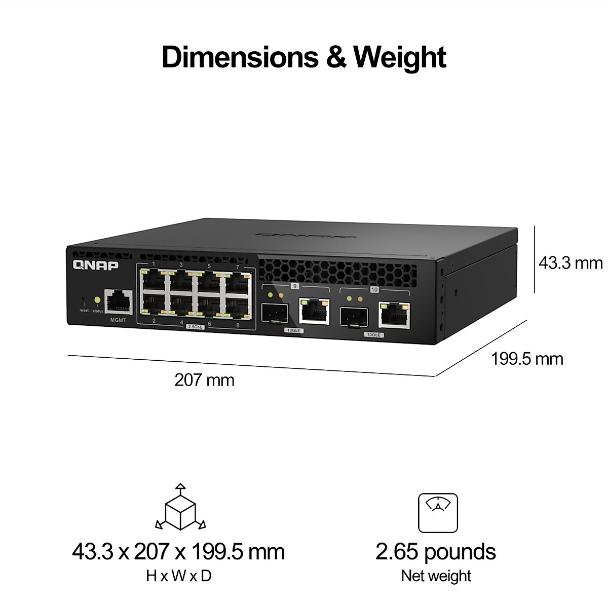 QNAP 10-Port 10GbE Half-Width Rackmount Layer 2 Managed Switch with 2 x 10GbE SFP+/RJ45 Combo and 8 x 2.5GbE RJ45 Ports (QSW-M2108R-2C-US)