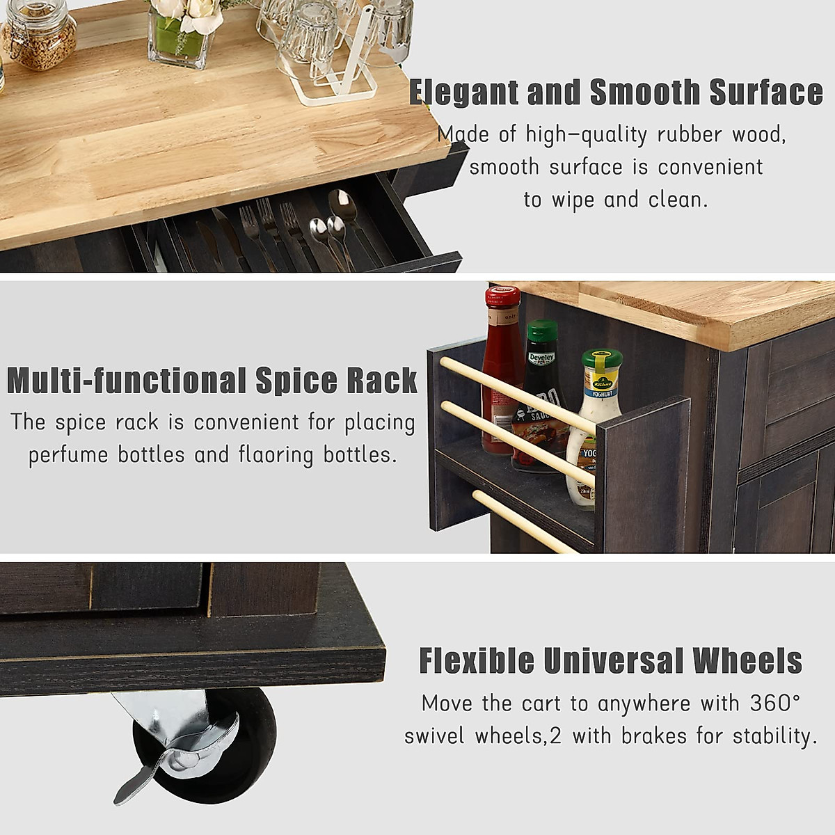 NSdirect Kitchen Island Cart,Kitchen Bar&Serving Cart Rolling on Wheels with Spice Rack Towel Holder Utility Storage Trolley with Storage Drawers for Home Hotel Kitchen Dinning Room (Dark Brown)