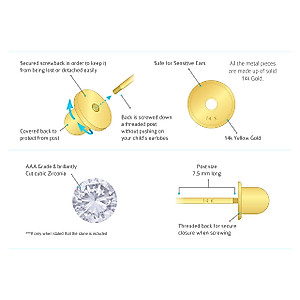 14k Yellow Gold Plain Heart Cubic Zirconia Children Screwback Baby Girls Stud Earrings
