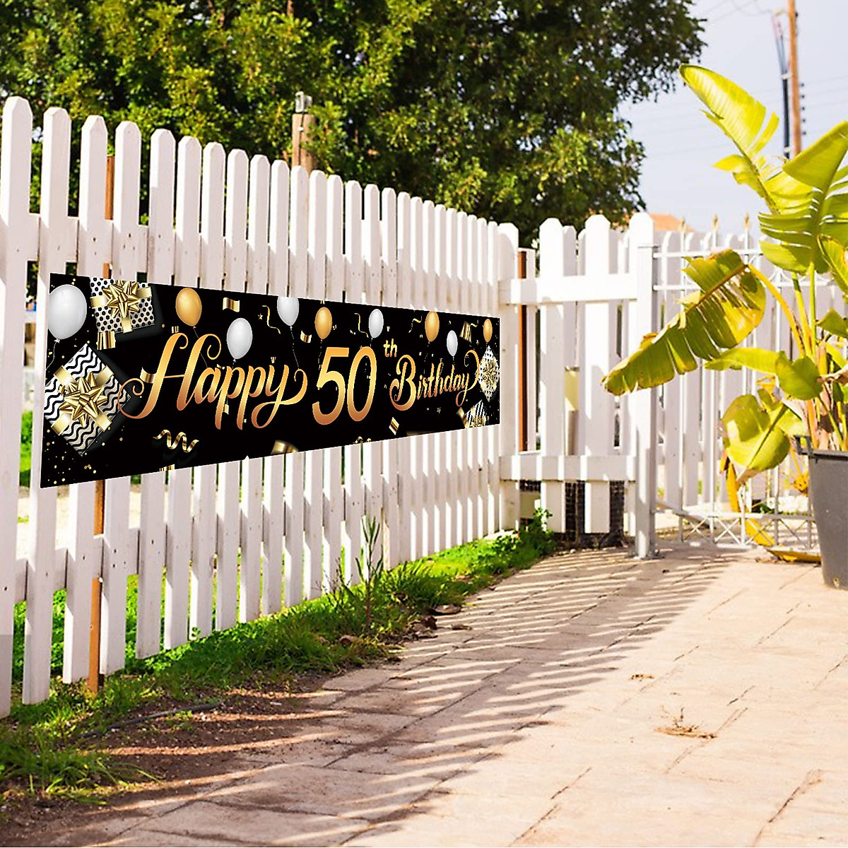 Mocossmy Happy 50th Birthday Banner,6x1.3 Ft Large Black Gold Glitter Happy Birthday Sign Photography Background Backdrop for Women Men Gifts Indoor Outdoor Birthday Anniversary Party Supplies Decoration