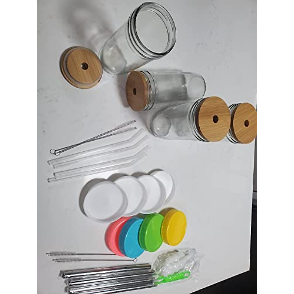 4 Pack Glass Cups Set - 24oz Mason Jar with Bamboo Lids and Glass Straw & 12 Airtight Lids, Brush - Boba Drinking Glasses, Reusable Travel Tumbler Bottle for Iced Coffee, Smoothie, Bubble Tea, Gift