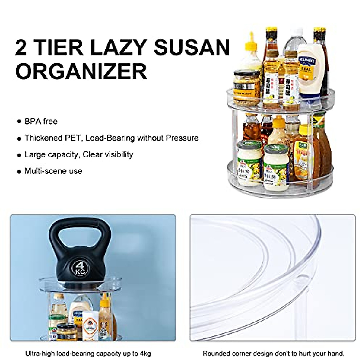 Landmore Lazy Susan Turntable Storage Organizer, Non-Skid 2 Tier Lazy Susan 9.25" Spice Rack, 360 Degree Rotating Acrylic Cabinet Organizer for Kitchen Cosmetic Pantry Bathroom