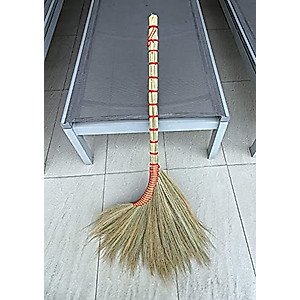 Generic Handmade Grass Thai Broom Extra Thick Bristle Brush Head Traditional Asian Whisk Sweeper Broomcorn Plus 100 Percent Cotton Dust Cover, 40 x 18 x 1.5 inch, Red