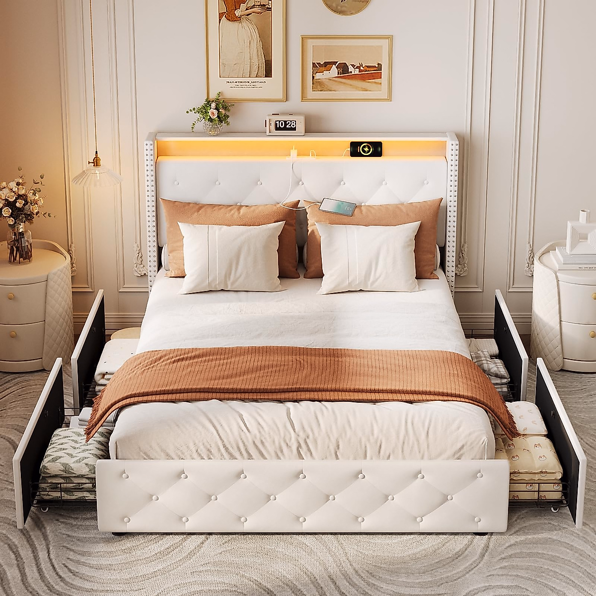 Vabches Full Size Bed Frame with LED Headboard & Drawers, Velvet Upholstered Platform Bed Frame with Led Light and Charging Station, Wingback Storage Metal Bed, Beige