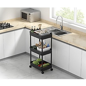 Sooyee 3-Tier Plastic Rolling Utility Cart with Wheels, Multi-Functional Storage Trolley for Office, Living Room, Kitchen, Movable Storage Organizer with Wheels, Black