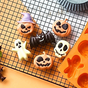 2 Pcs Halloween Silicone Baking Molds,6-Cavity Silicone Bat Pumpkin Face Skull Ghost Jelly Chocolate Mould,8-Cavity Skull Crossbones Ice Cube Trays,Candy Bread Soap Muffin Pumpkin Fondant Mold