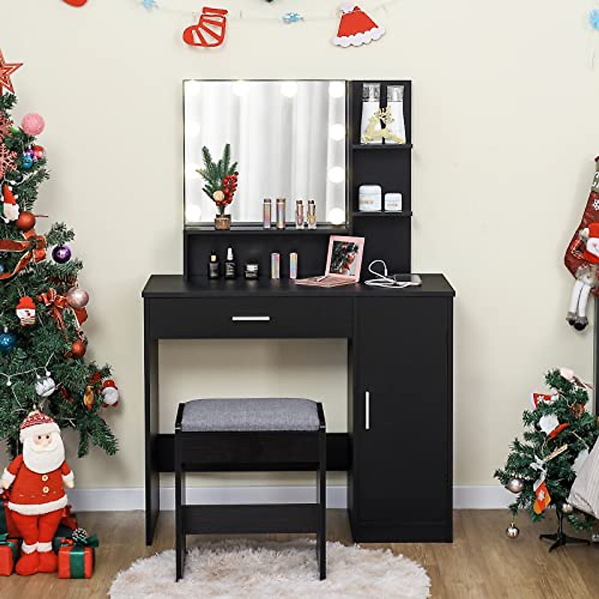 USIKEY Vanity Table Set with Lighted Mirror & Charging Station, Makeup Vanity Table with 1 Drawer, 1 Storage Cabinet, 10 LED Lights, Dressing Tables Vanity Desk with Cushioned Stool for Bedroom, Black