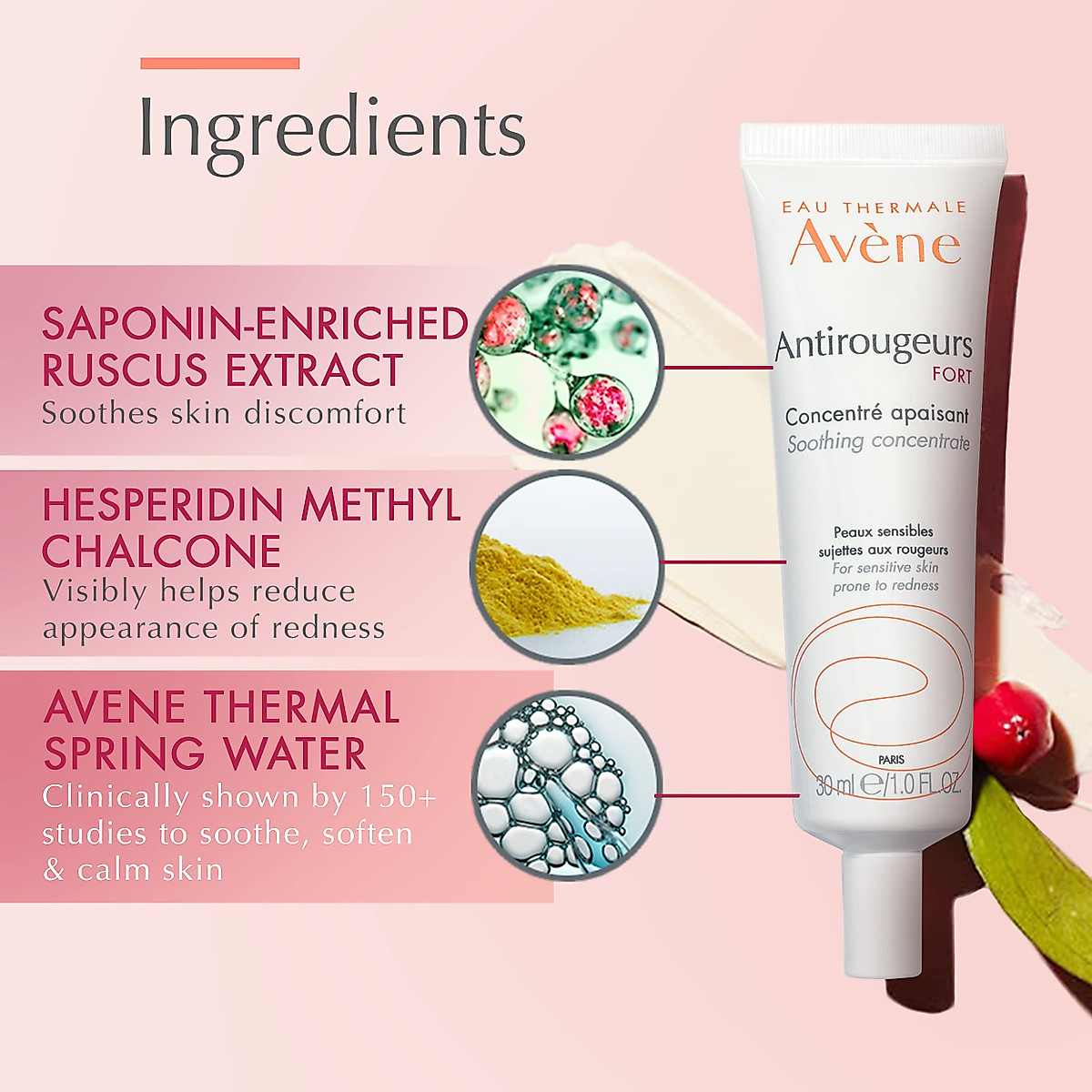 Avene Antirougeurs FORT Soothing Concentrate Calming Redness Cream 1.01 Fl Oz, unscented