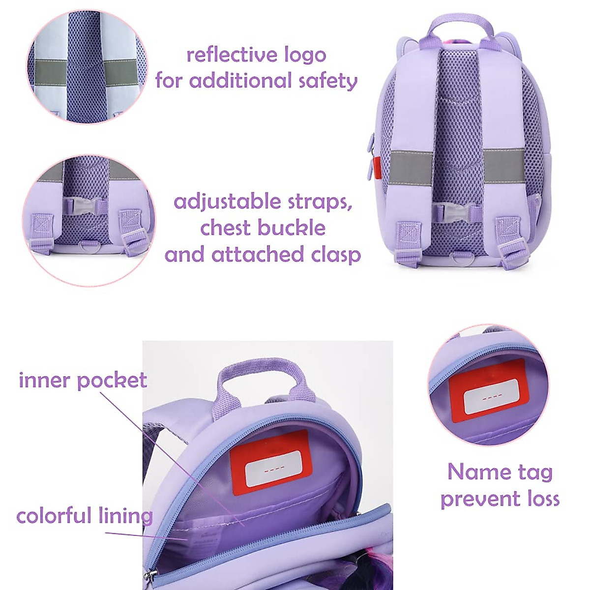Unicorn Backpack with leash for Girls Kids Backpack Plush Unicorn Toy Bookbag (Purple)
