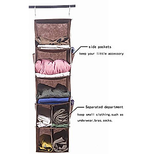 Amelitory 5 Shelf Hanging Closet Organizer Sturdy Fabric Foldable Clothes Hanging Shelves Storage Sweaters Shoes Organizer Coffee