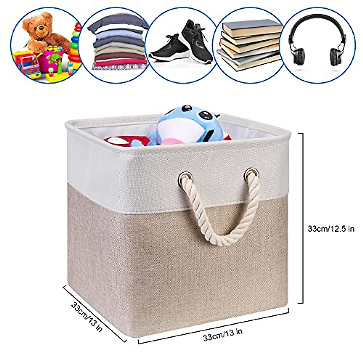 Fabric Cube Storage Bins 13x13x12.5 Inch Light-Brown Cube Storage Boxes Collapsible Large Cloth Organizer Baskets with Cotton Rops Handles for Storage Cubbies or Closet Shelf,QY-SC26-2