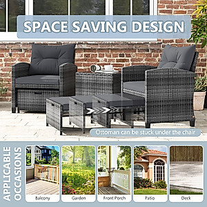 ORALNER 5 Pieces Patio Furniture Set with Ottoman, Wicker Conversation Set w/Cushions, Glass Coffee Table, Outdoor Lounger Rattan Chairs Bistro Set for Porch Balcony Garden Deck Poolside (Grey)