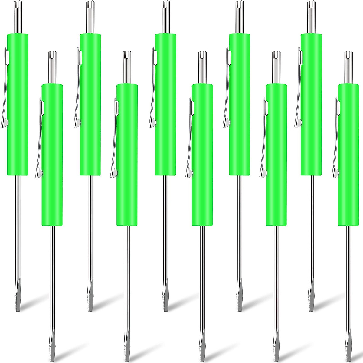 Zhehao 10 Pcs Pocket Screwdriver with Valve Core Removal Tools, Mini Screwdriver Set Small Dual Use Screwdriver Kit with Clip for Mechanics Electricians Electronic Technician Assembler（Green）