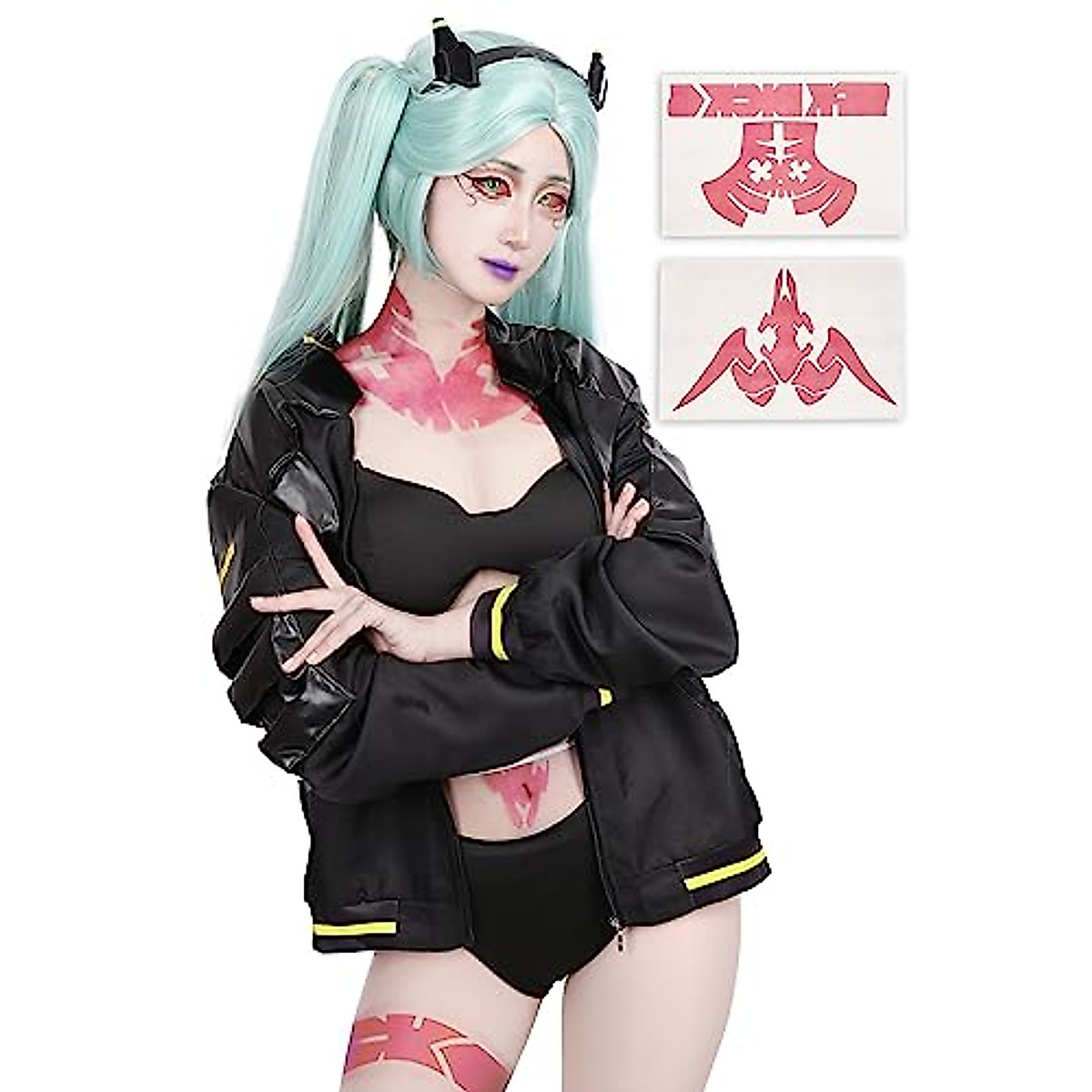C-ZOFEK Rebecca Cosplay Outfits Black Coat Halloween Costume (X-Large) with Tattoo Stickers (pink)