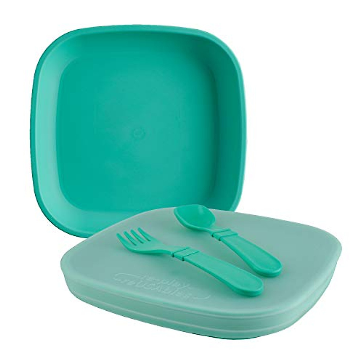 Re-Play -Made in USA - 5 Piece Toddler Feeding Set Flat Plate, Silicone Storage Lid, Utensils - Made from Environmentally Friendly Recycled Milk Jugs - Aqua