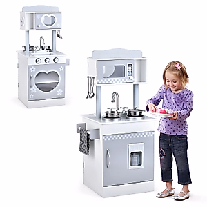 Costzon Kids Kitchen Playset, Double-Sided Wooden Play Kitchen Toy Set w/Realistic Sound, Oven, Ice Cube Dispenser, Utensils, Sink, Large Storage Space, Pretend Chef Cooking Set for Toddlers