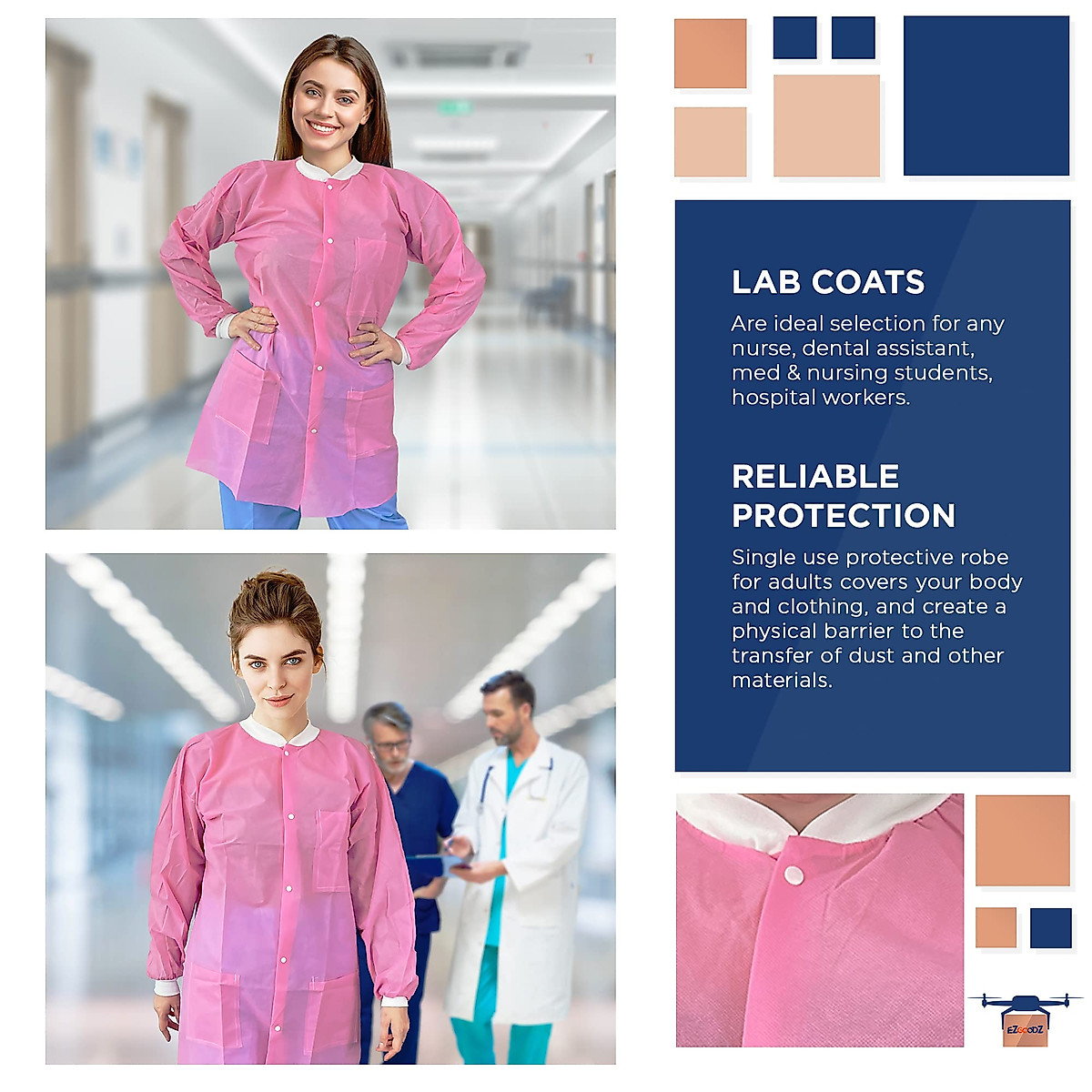 EZGOODZ Light Pink Disposable Lab Coats for Adults, X-Large. 10 Pack Medical PPE Coat. SPP 45 GSM Painting Lab Coat with Cuffs, Collar, Plastic Snaps, 3 Pockets. Splash-Proof Disposable Coats Medical