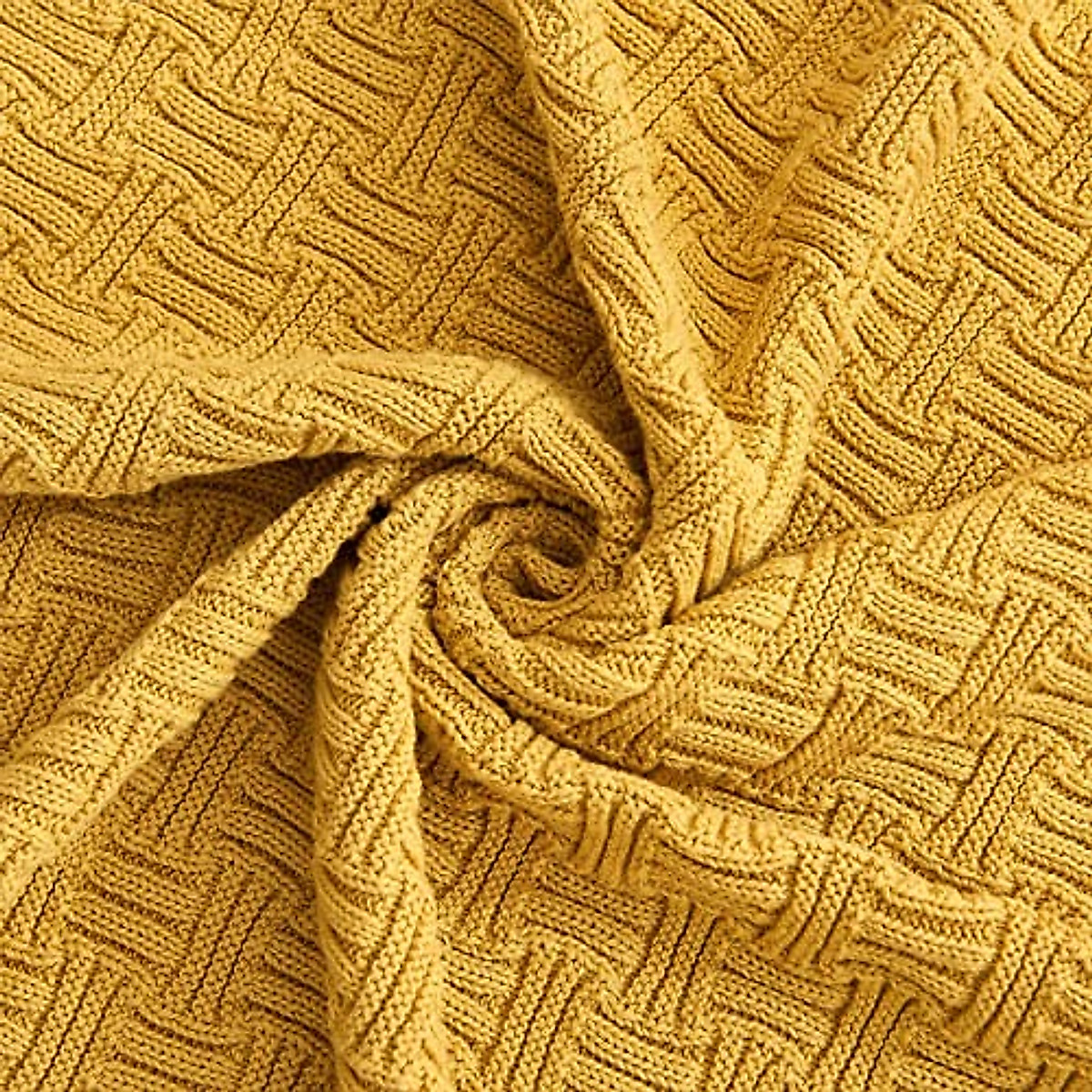 100% Cotton Navy Blue Cable Knit Throw Blanket with Bonus Laundering Bag - Large Thick, 2.5 Pounds,Extra Cozy, Machine Washable, Comfortable Home Decor (Mustard Yellow Stripe Pattern, 60"x80")