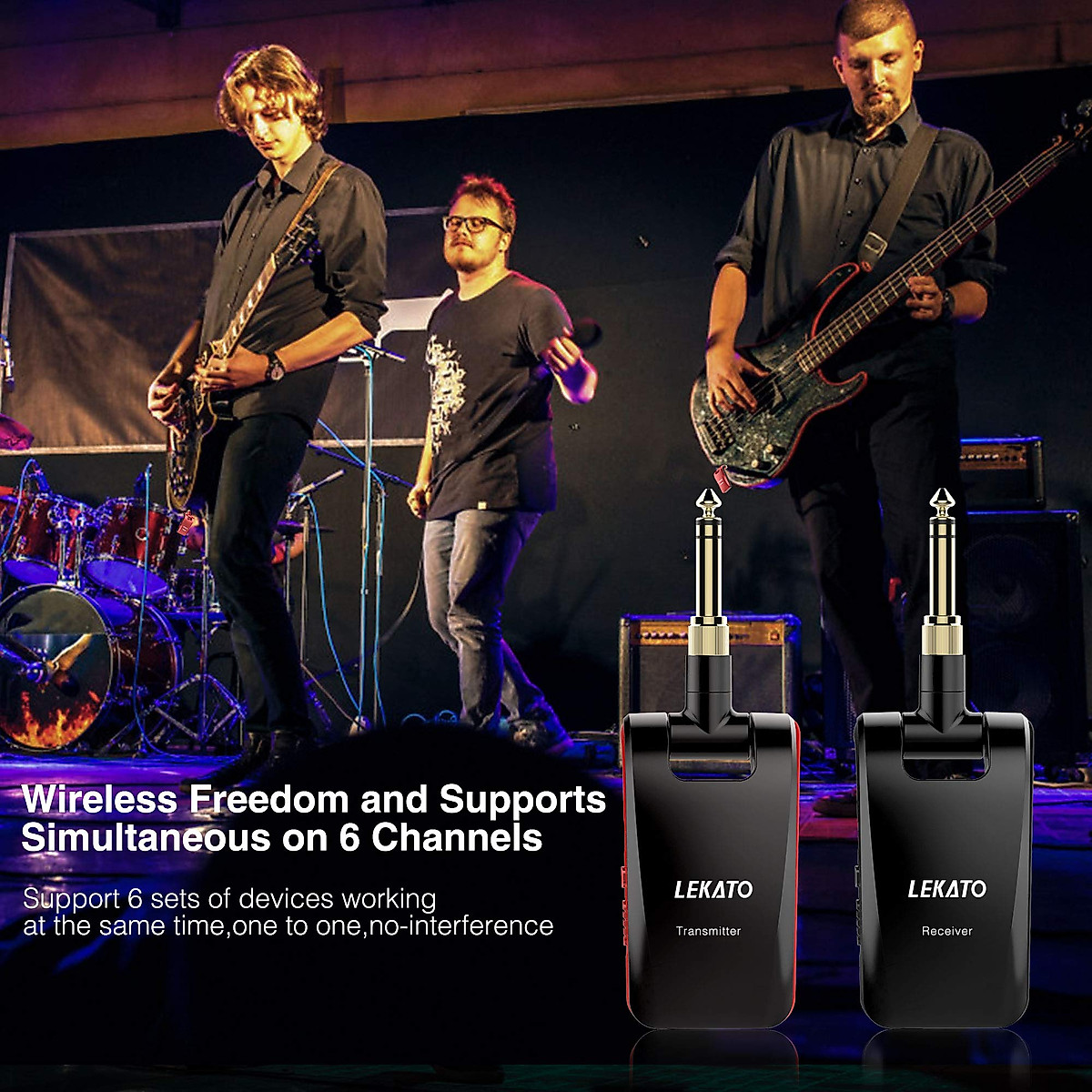 LEKATO Wireless Guitar System 2.4GHz Rechargeable Audio Wireless Transmitter Receiver 6 Channels for Guitar Bass Electric Instruments, Stereo and Mono 1/4” & 1/8” 2 in 1 Plugs,Black(WS-60)