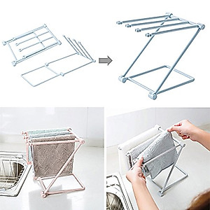 Baost Folding Kitchen Bathroom Towel Rack Desktop Dish Towel Stand Rag Rack Dish Washing Cloth Draining Organizer Towel Shelves Sponge Holder for Kitchen Blue