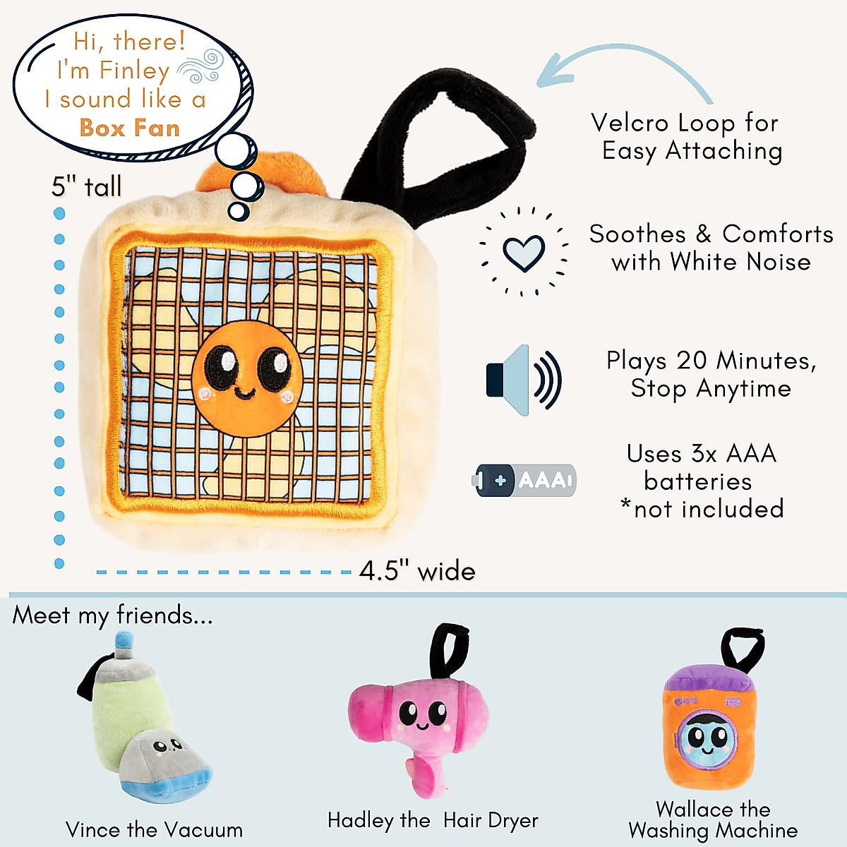 Soothie Sounds: Portable White Noise Machine | Baby Soother Plays Vaccum Sound (Plays up to 20 Minutes, Pediatrician Created. (Hook for Stroller or Car), Finley The Fan