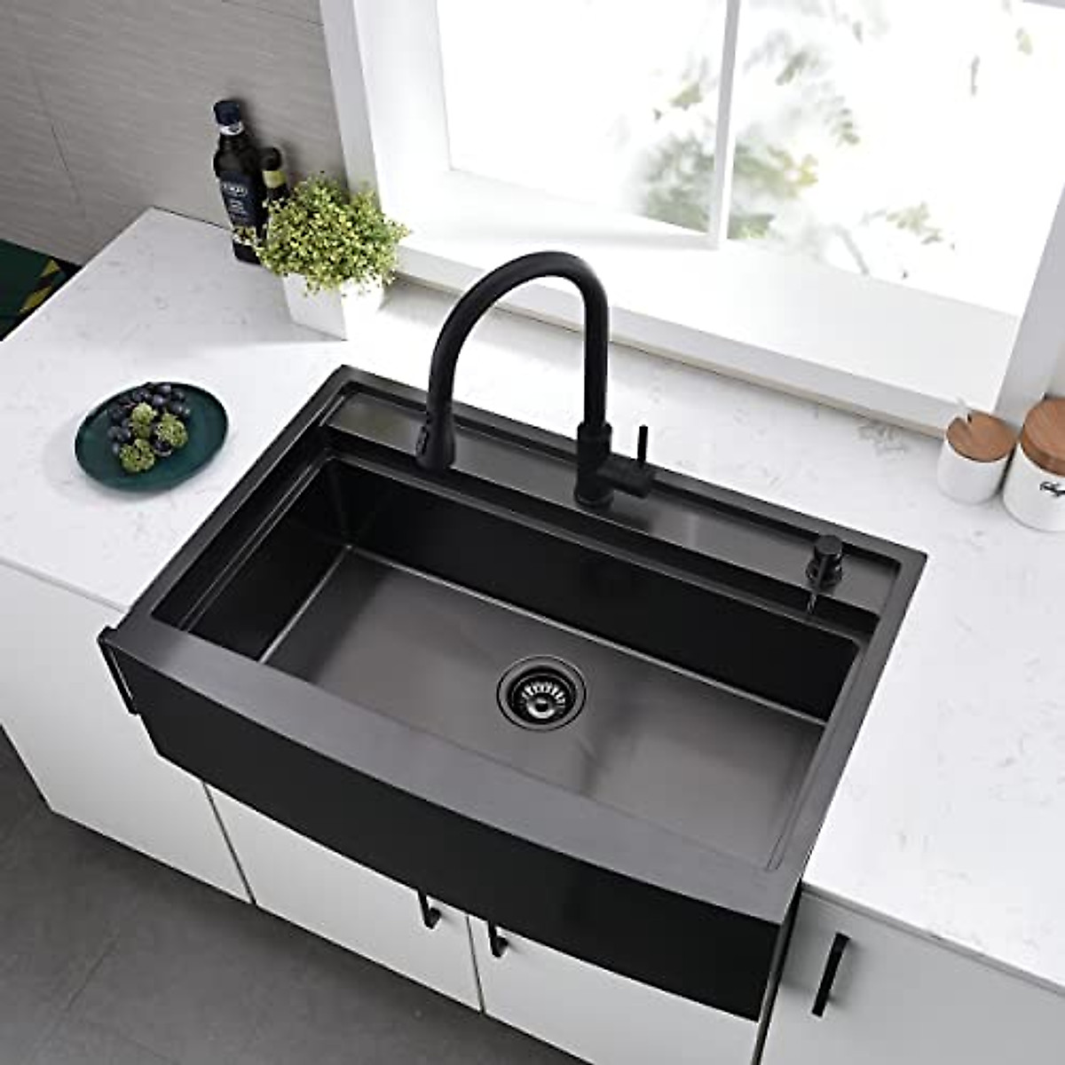 33 Inch Farmhouse Kitchen Sink Splash Guard Workstation Black - 33 inch Black Stainless Steel Apron Front Farmhouse Sink Workstation Kitchen Sink Single Bowl 16 Gauge Stainless Steel Farm Sink