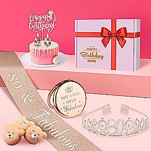 80th Birthday Decorations for Women, Including 80th Birthday Crown, Sash, Cake Topper, Candles and a Compact Mirror, Rose Gold Not A Day Over Fabulous 80th Birthday Gifts for Women