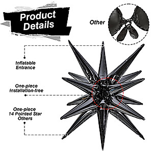 RUBFAC 10 Pcs Black Star Balloons, 14 Point Explosion Star Balloons, 22/27Inch Black Foil Starburst Balloon for Birthday Baby Shower Wedding Disco Party Decorations Supplies