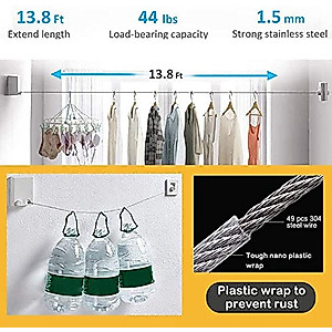 Retractable Clothesline, Adjustable Clothing Rope Indoor Outdoor with ABS Case+ Aluminum, Heavy Duty Stainless Steel Line Wall Mounted Laundry Drying String for Hotel Home 13.8 Feet-Black