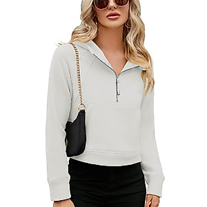 Micoson Half Zip Hoodies Women Long Sleeve Crop Workout Sweatshirt Oversized Sherpa Fleece Pullover Thumb Hole (White,L)