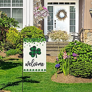 St Patricks Day Shamrock Garden Flag,Green Plaid Four Leaf Clover Printed Flag Garden and Home Decorations 12.5x18Inches (Garden Flag-Green Clover)