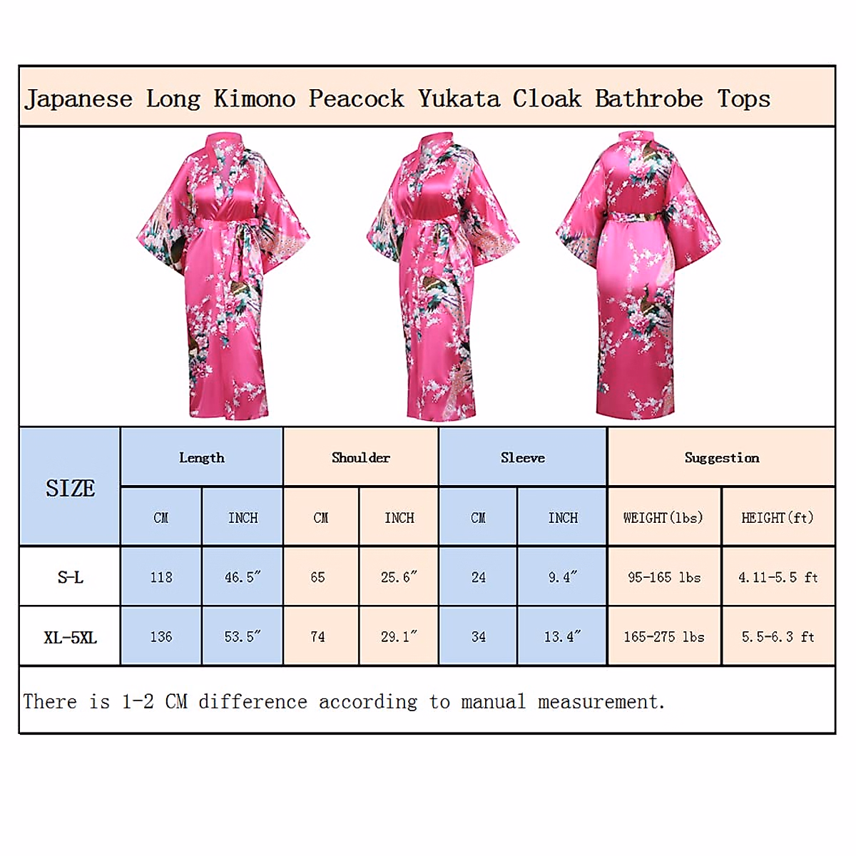 Heone Japanese Long Kimono Satin Peacock Printed Lightweight Cardigan Jacket Coat Loose Yukata Cloak Bathrobe Tops folding fans Tabi Socks Set(Coralred XL-5XL)