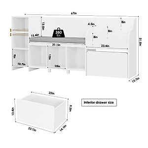 HOSTACK 67" Kids Reading Nook with Bench, Kids Bookshelf and Bookcase with Seat Cushion and 6 Storage Cubbies, Toy Storage Box on Wheels, Toy Chest for Playroom, Bedroom, School, White