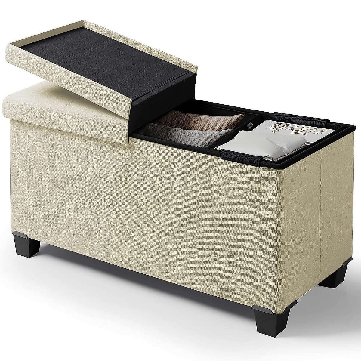 Storage Ottoman Bench with Storage Bins, 30-In Storage Bench for Bedroom End of Bed, Folding Foot Rest Ottoman with Storage for Living Room, Storage Chest Max 660lbs, Linen Fabric Ivory Ottoman