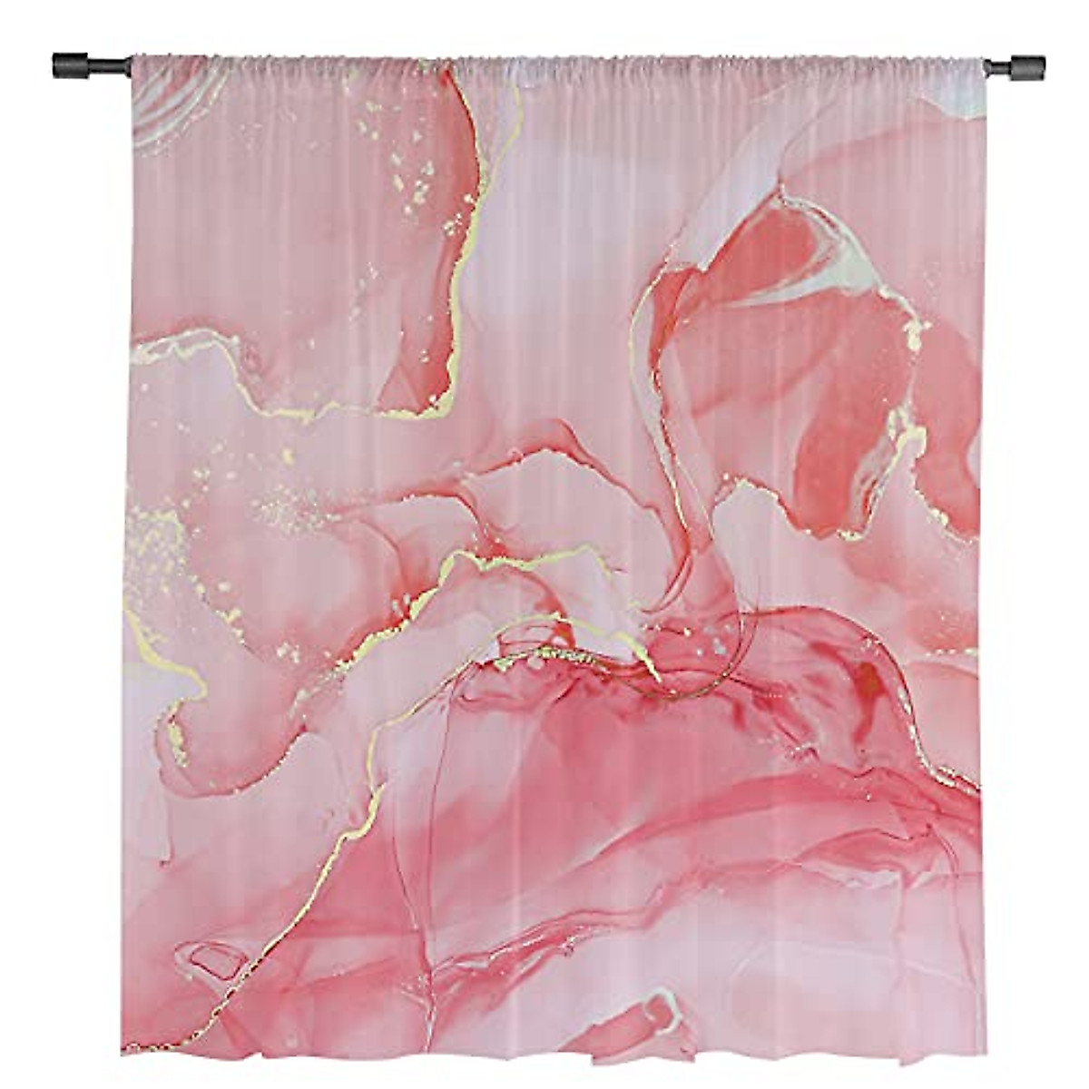 Chiffon Sheer Curtains & Drapes 84 Inch Long, Lightweight Breathable Voile Window Curtain Panels Pink Marble with Gold Glitter Splatter Curtains Backdrop Drapes for Bedroom Livingroom Wedding