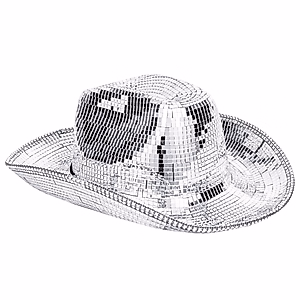 Disco Ball Western Cowboy Hat - Women Men Silver Mirrored Sparkly Cowgirl Hat for Cosplay Party Size:L