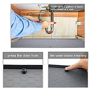 Under Sink Mat Tray,34" x 22" Silicone Under Sink Mat for Kitchen Cabinet,Waterproof Shelf Liner with Drain Hole,Kitchen Bathroom Cabinet Mat for Leaks, Drips, Spills (Grey)