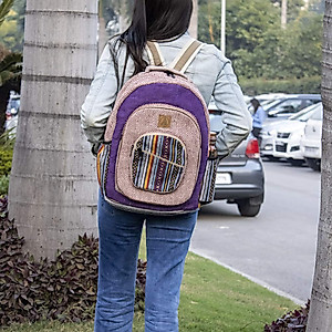 Ojas Yatra Large Hemp Backpack - Handmade Pure Hemp Bags for Women & Men - Boho/Hippie Himalayan Bag for Travel & Festivals - Bohemian/Baja Aztec Purple Backpack