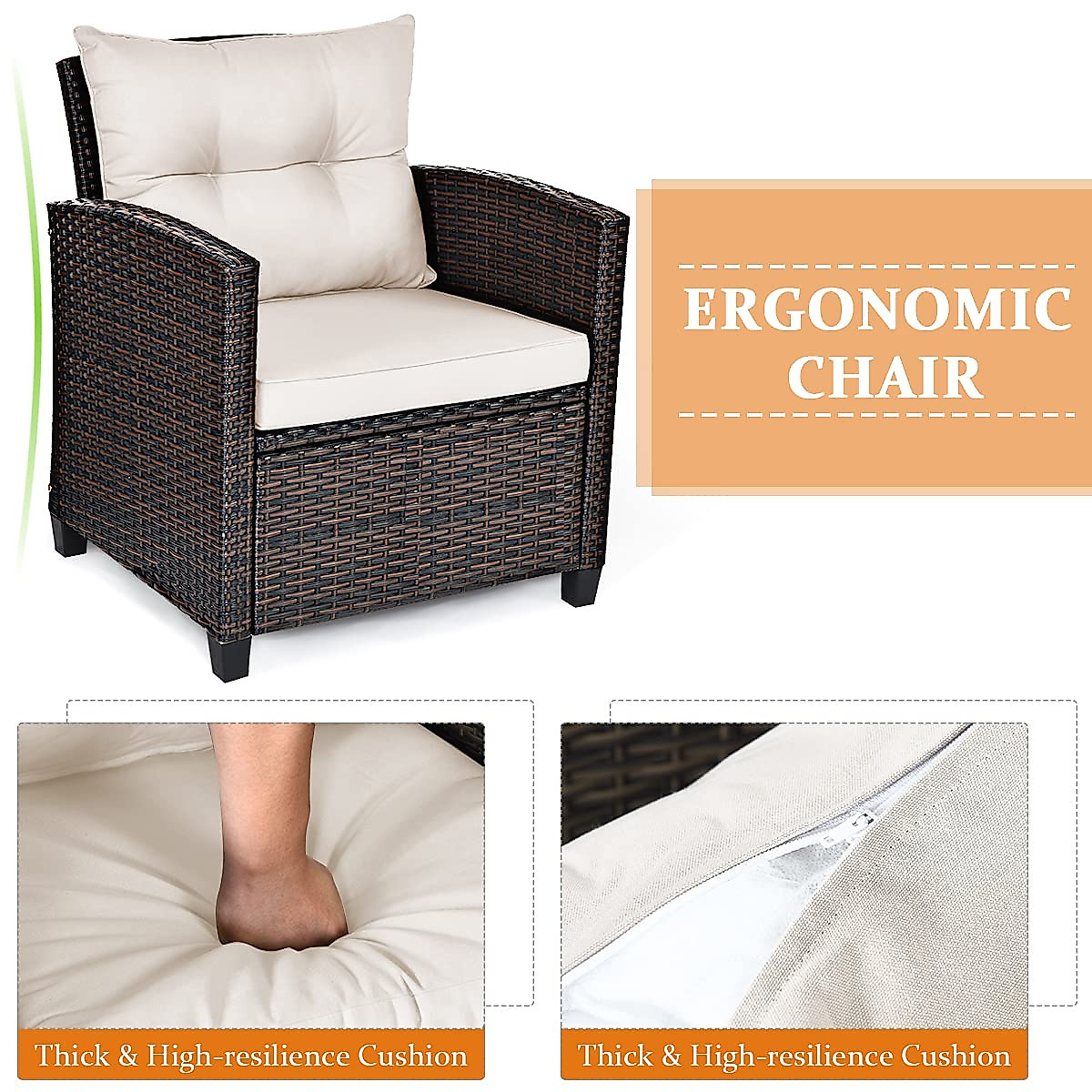 Tangkula 3 Pieces Patio Furniture Set, PE Rattan Wicker 3 Pcs Outdoor Sofa Set w/Washable Cushion and Tempered Glass Tabletop, Conversation Furniture for Garden Poolside Balcony (White)