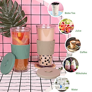 UHAPEER 2 Pack Reusable Boba Tea Cups, 24oz Iced Coffee Cup with Straw and Lid, Leakproof Clear Plastic Cups Tumbler, Double Wall Insulated Smoothie Tumbler, Wide Straw for Bubble Tea, Cinnamon&Olive